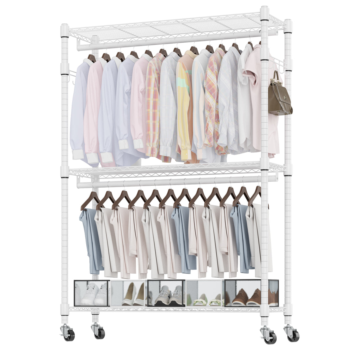 Homdox 3 Tier Heavy Duty Garment Rack with Wheels, Adjustable Wire Clo